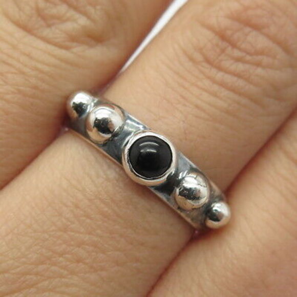 Jewelry | 925 Sterling Silver Vintage Mexico Black Onyx Gem Beaded Ring ...
